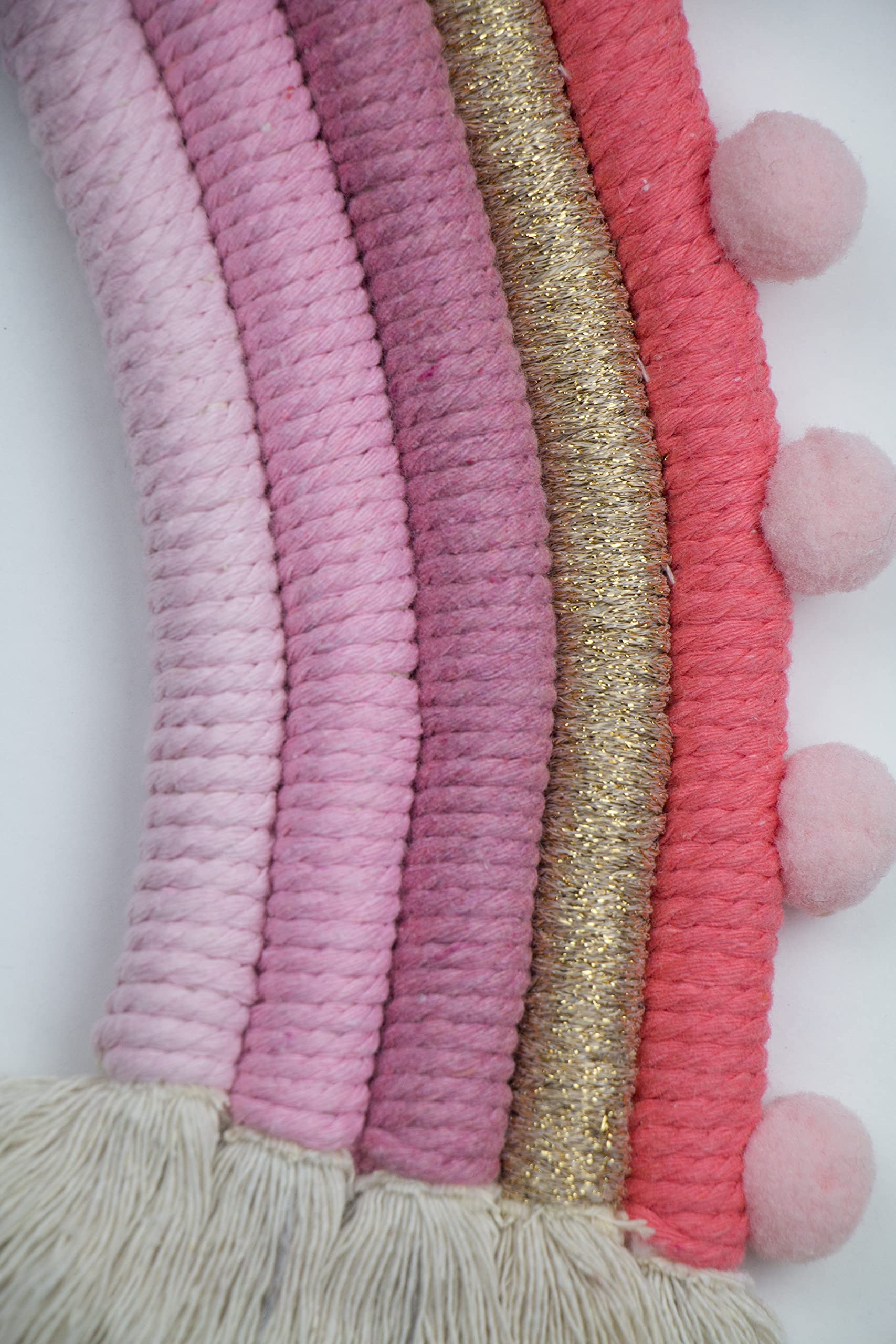 Macrame Pastel Rainbow with Pompoms and Tassels, Wall Hanging Accent for Girls, Boho Kid Room Decor, Adorable Baby Shower or Awesome Birthday Gift Pink, 14x11 inches