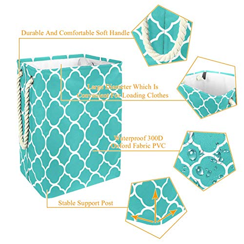AISSO Large Laundry Hamper Basket Waterproof Dirty Cloth Storage Bins with Handle for Bedroom Laundry Room Bathroom Quatrefoil Pattern Teal Green Seamless Design