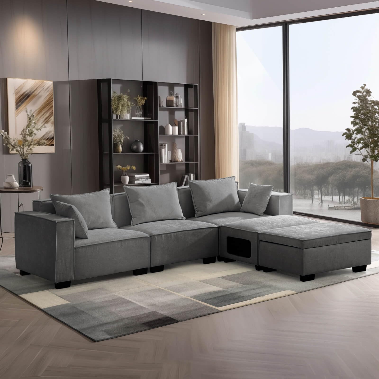108.7 Inch Convertible U Shape Sectional Sofa, Modern Chenille Fabric, L Shaped 5 Seater Living Room with Chaise, High Support and Soft Foam with Storage and Cat Hole Footstool