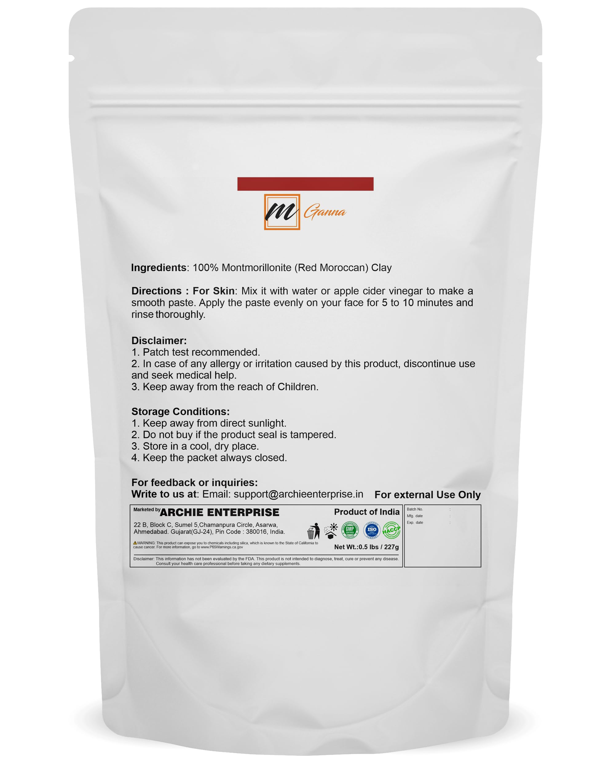 mGanna 100% Natural Moroccan Red Clay Powder for Hair Masks, Scrubs, Creams and Soap Making 0.5 LBS / 227 GMS