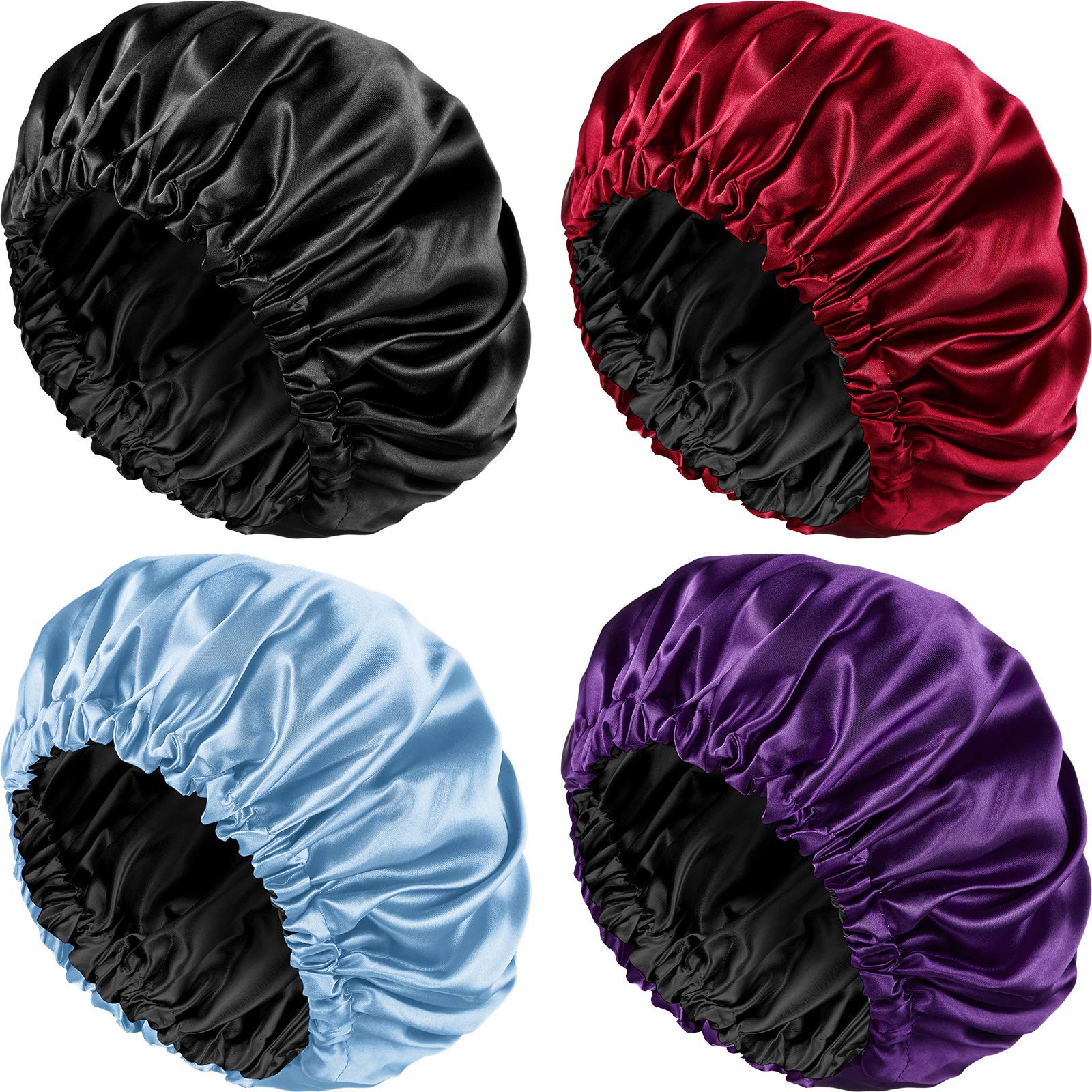 Geyoga 4 Pieces Silk Satin Bonnet Sleep Cap Extra Large Hair Bonnet for Sleeping Double Layer Reversible Hair Cap for Women Natural Curly Hair