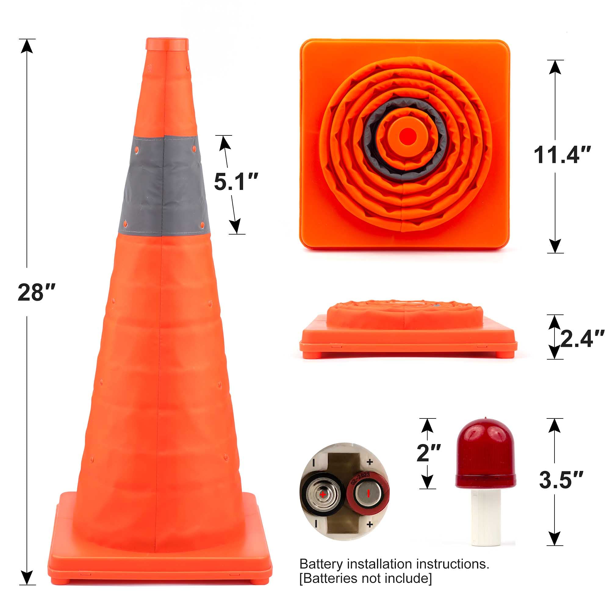 BATTIFE [2 Pack] 28 Inch Collapsible Traffic Safety Cones, Orange Cones, Multi Purpose Pop-up Cones with Reflective Collar, for Road Parking, Driving Practice