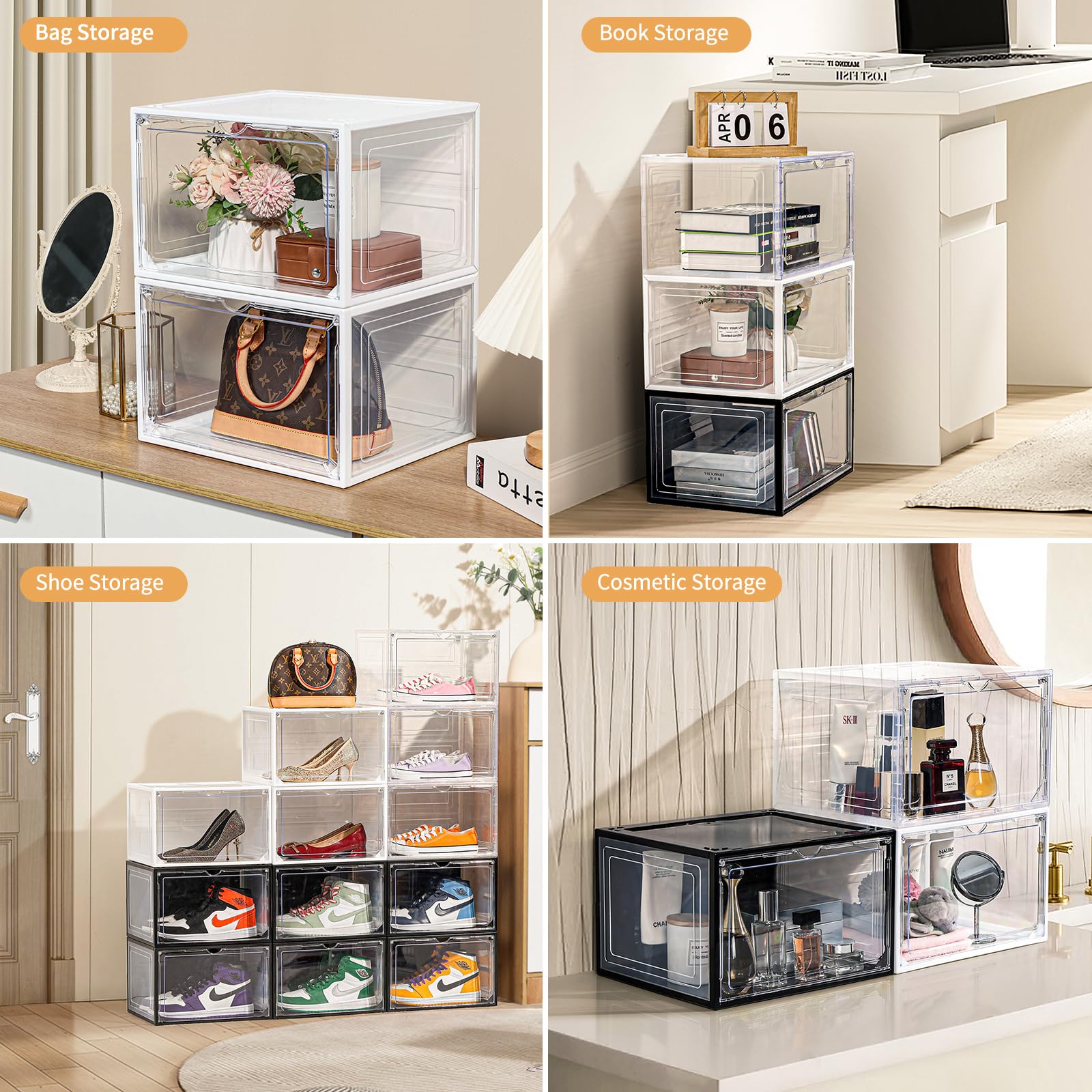 12 Pack Clear Shoe Boxes Stackable,Large Shoe Storage Organizer with Magnetic Door,Drop Side Shoe Containers for Entryway,Sneaker Storage Fit up to US Size 13 for Men/Women(13’’x 10.62”x 8.26”)