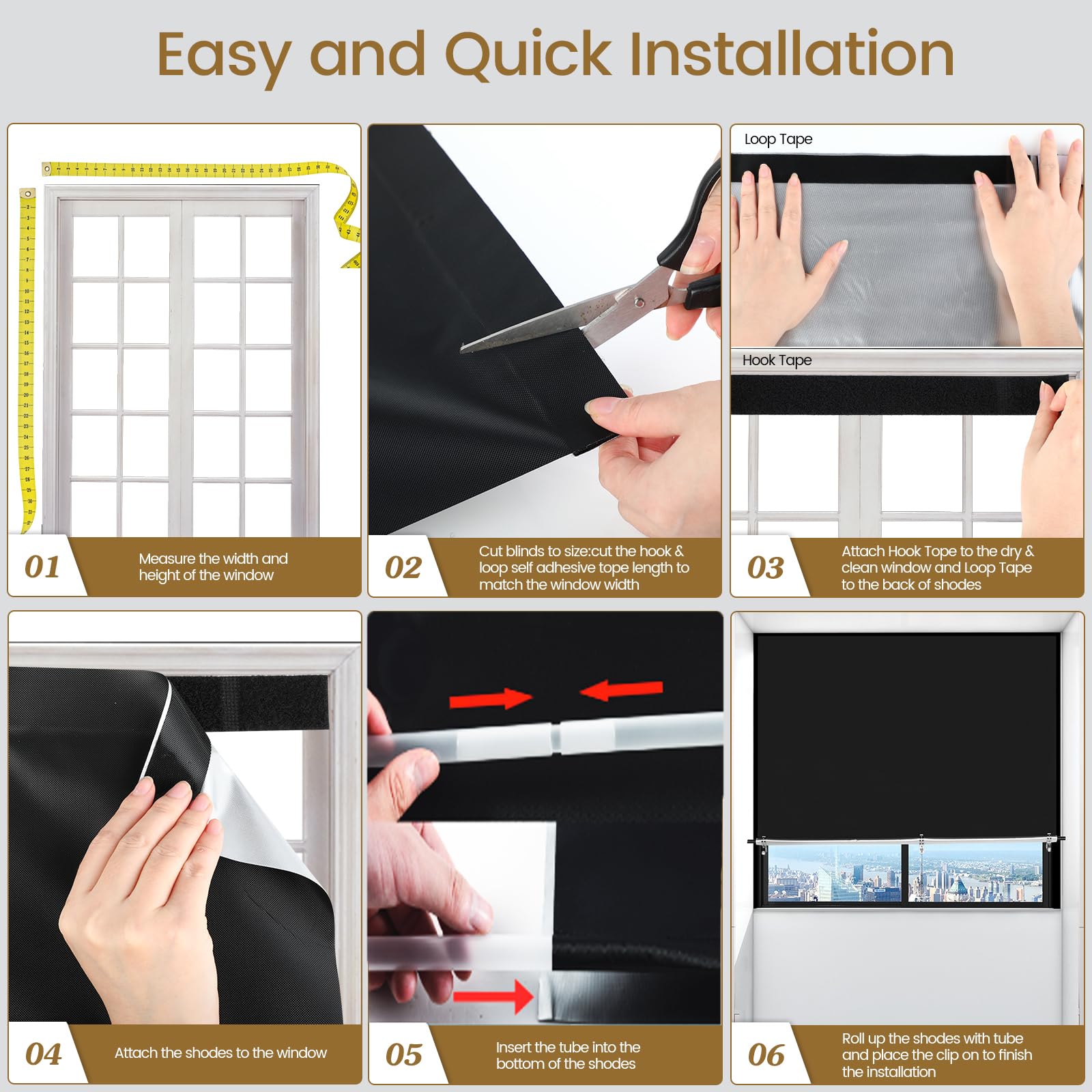 100% Blackout Shades, Blackout Roller Shades, 36"x 72" Cordless Window Blinds with Hook & Loop Tapes No Drill Travel Blackout Blinds Window Curtains for Bedroom Nursery Dorm Room Windows(Black)