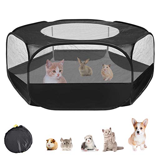 Linifar Small Animals Playpen, Portable Pet Tent Fence with Zippered Cover Outdoor/Indoor Exercise Anti Escape Yard Fence for Puppy Kitten Rabbit Bunny Hamster Rat Guinea Pig Hedgehog Ferret (Black)