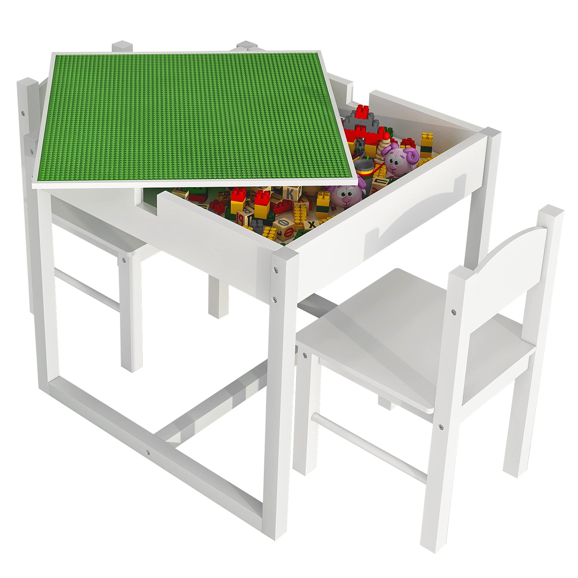 4NM 3 in 1 Kids Table Set for 2, Children Table and Chairs, Toddler Play Activity Table with Hidden Storage Wood Building Block Table Desk for Ages 3-7 - White Green