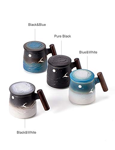 TANG PIN Moon Deer Ceramic Tea Mug with Infuser and Lid Coffee Mug with Strainer and Wooden Handle 14.5 OZ (Black&Blue)