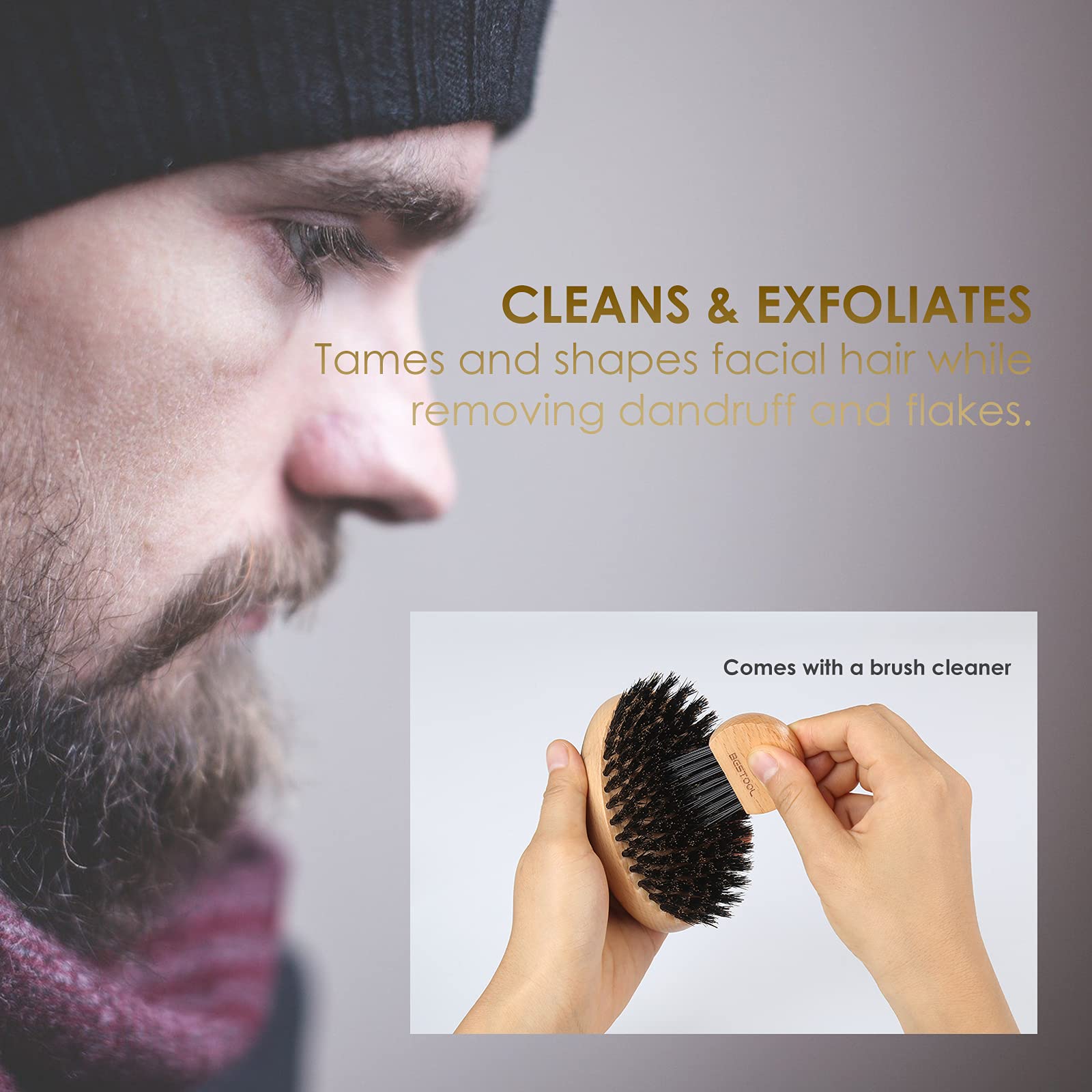 Beard Brush, BESTOOL Beard Brush Kit Boar Bristle Beard Brush for Men Wooden Mustache Brush for Daily Grooming Makes a Nice Gift for Men with Beard or Mustache
