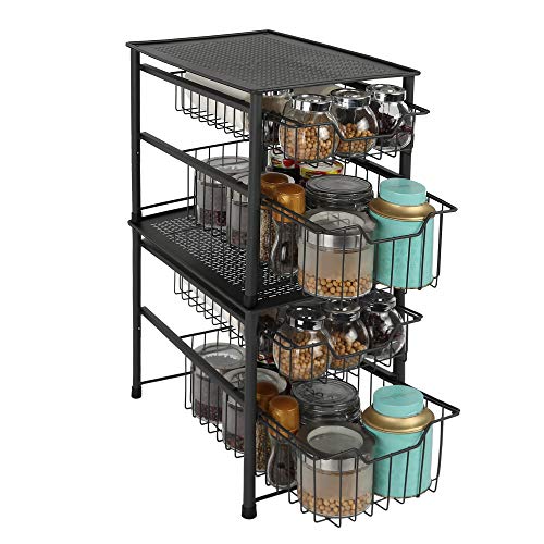 MAX Houser 2-Tier Stackable Organizer Baskets with Metal Sliding Drawers for Pantry, Under the Sink, Desktop Organizer for Bathroom,Kitchen, Office (Charcoal Grey)
