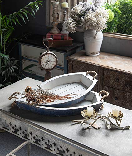 Distressed White Nesting Wood Serving Tray for Eating with Rope Handles,Set of 2 Farmhouse Handwork Boat Shaped Large Decoration Serving Trays for Party Kitchen Counter, Dining Room Coffee Table