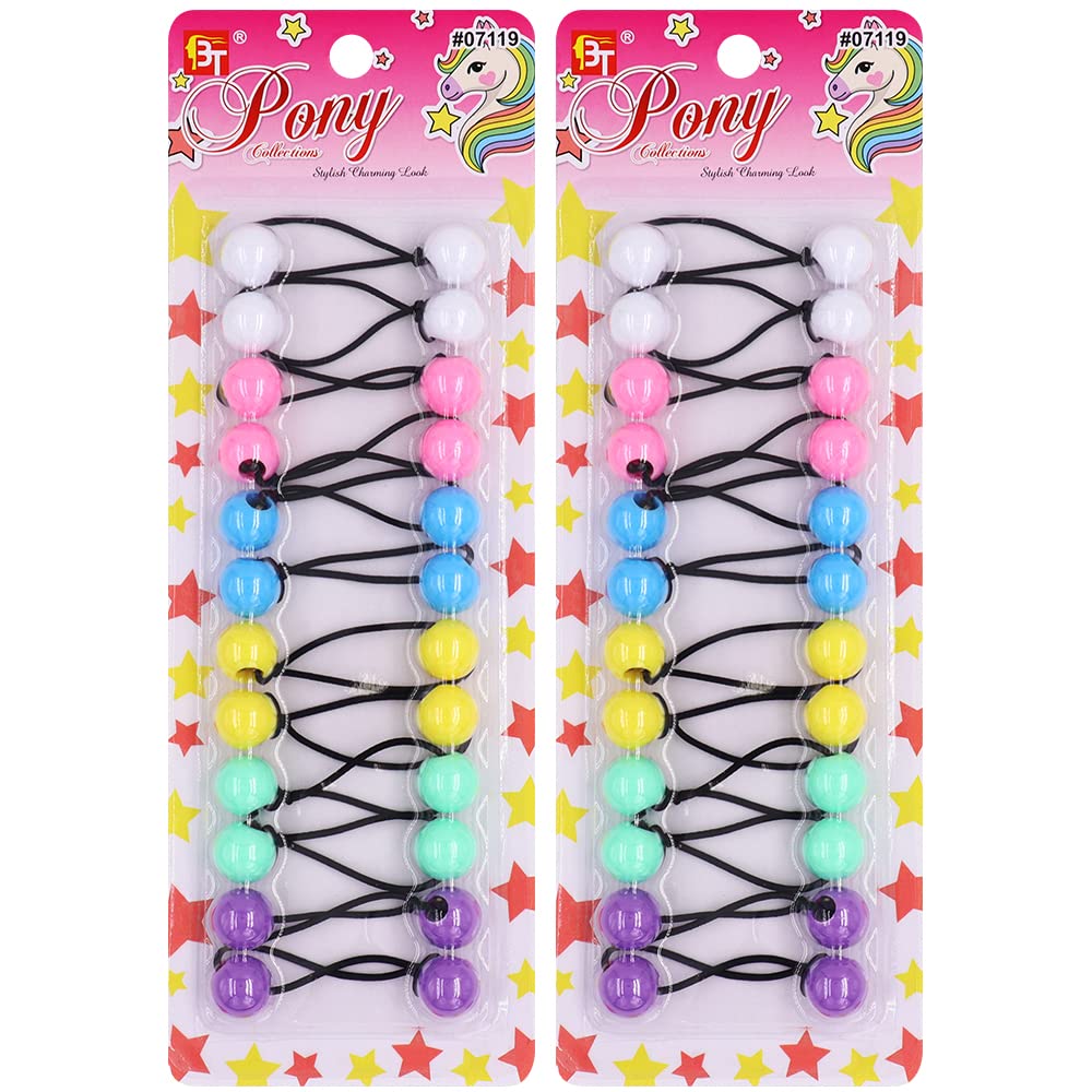 Beauty Town 24 Count Girls Hair Ties with Balls Bubble Twinbead Ponytail Holders (White, Pink, Sky Blue, Yellow, Mint, Purple)