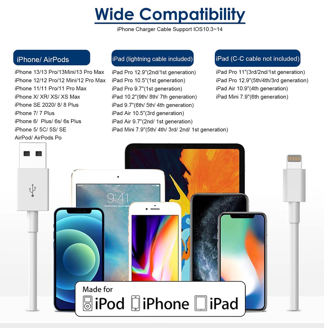 iPad Charger iPhone Charger, 12W USB Power Adapter Foldable Portable Travel Plug with 2Pack MFi Certified 6FT iPad Charging Cord Cable for iPad 4/5/6/7/8/9, iPad Mini 1/2/3/4/5, iPad Air 1/2/3, iPhone