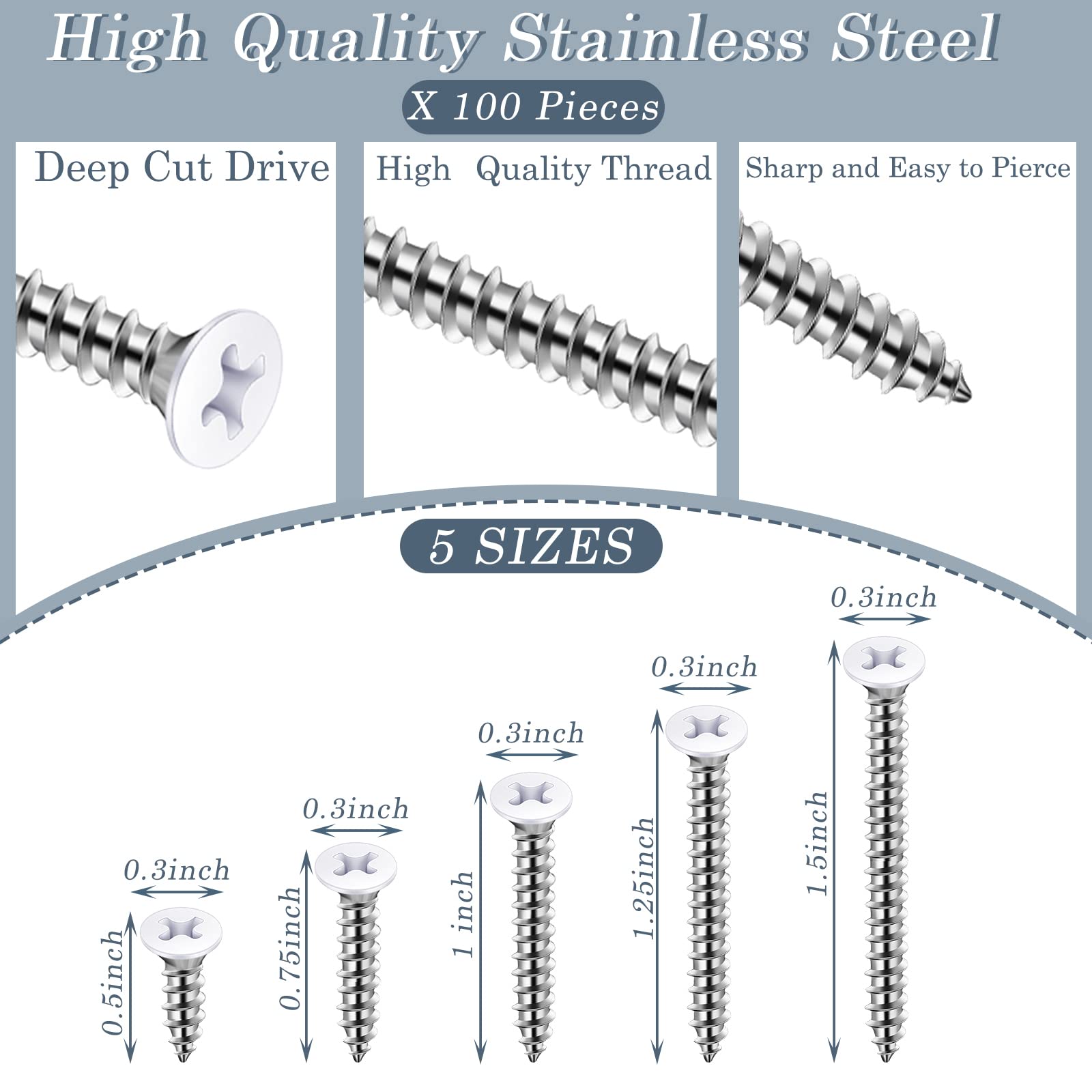 100 Pcs 5 Size #8 White Screws White Head Screws White Coated Screws Covers Head Wood Screws Wall Plate Screws Stainless Steel Screw Self Tapping Screw for Switches Cover (0.5/0.75/1/1.25/1.5 Inch)