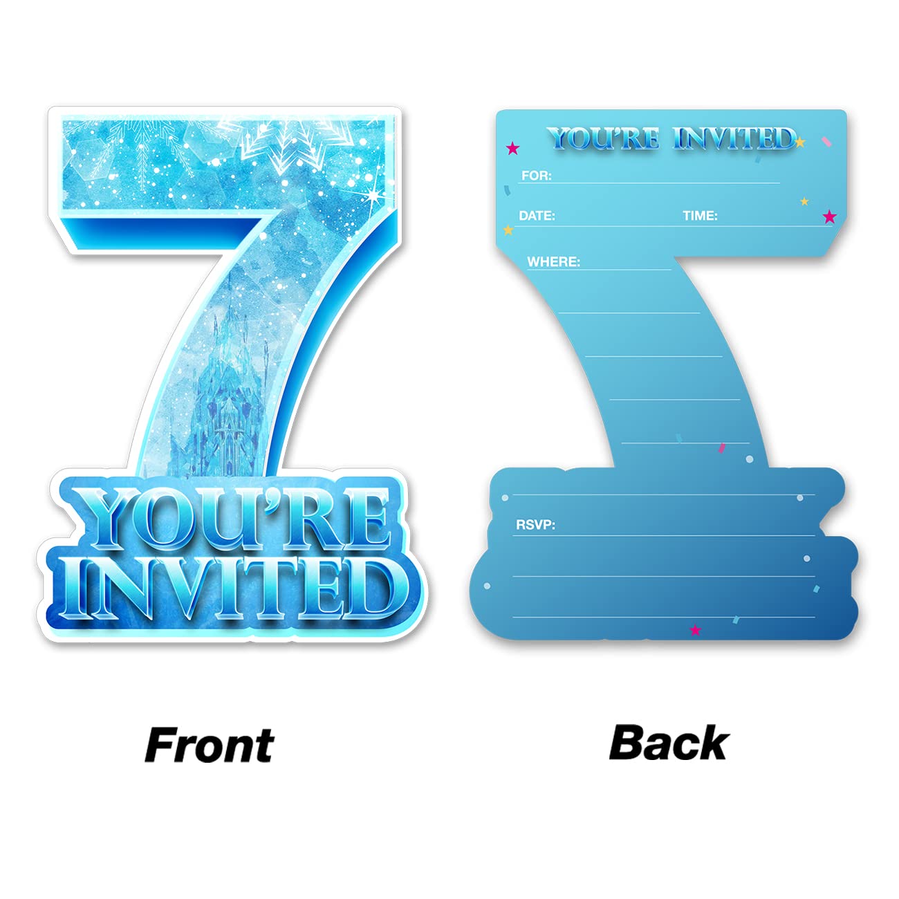 20 Ice Queen 7th Birthday Party Invitations with Envelopes Double Sided Blue Winter Snowflake Shaped Fill-in Invitations Invites for 7 Year Old