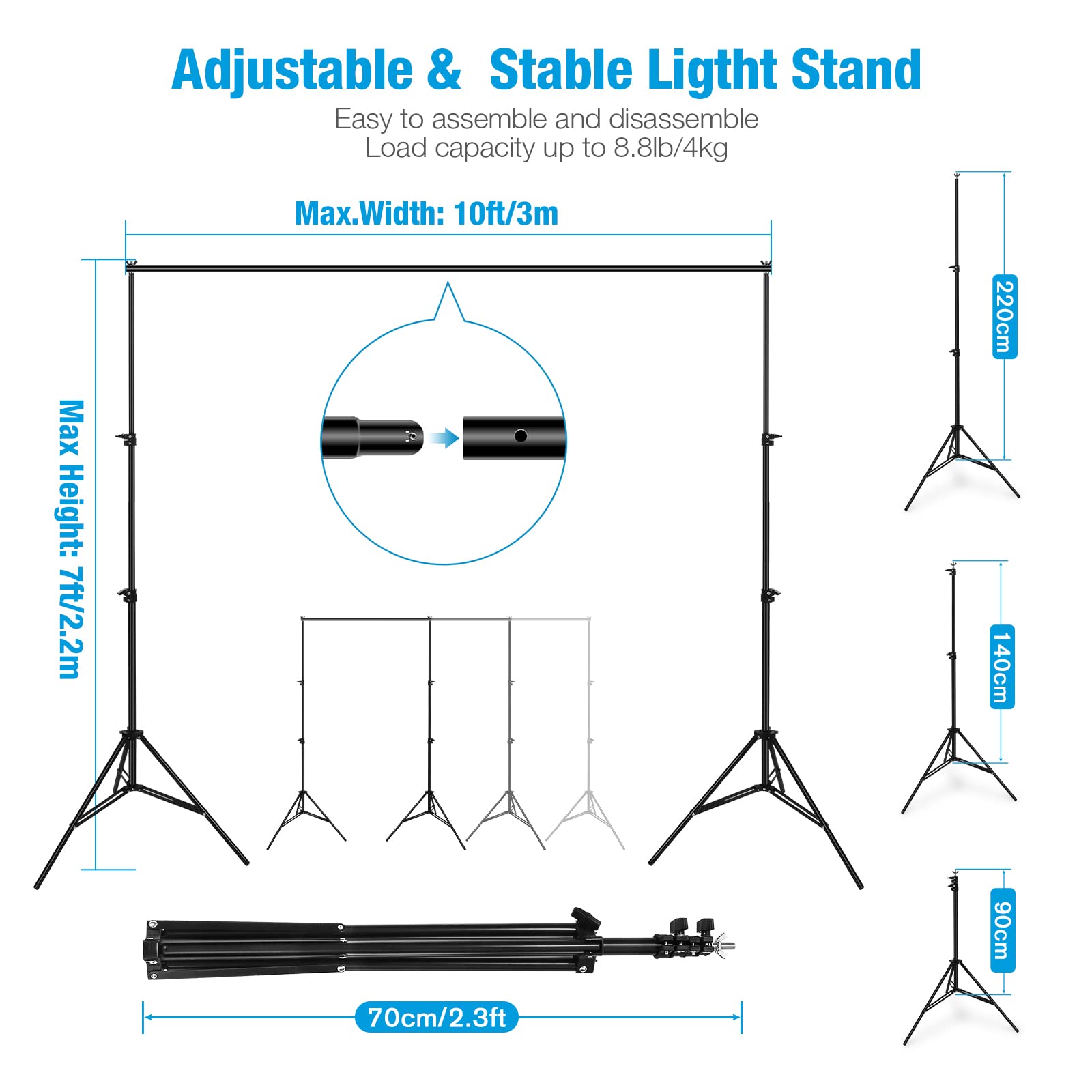 Photo Backdrop Stand, Photography Backdrop Stand, 10Ft Adjustable Background Stand Kit for Studio, Parties, Wedding, with 4 Crossbars, 4 Backdrop Clamps, 2 Sandbags, and Carrying Bag