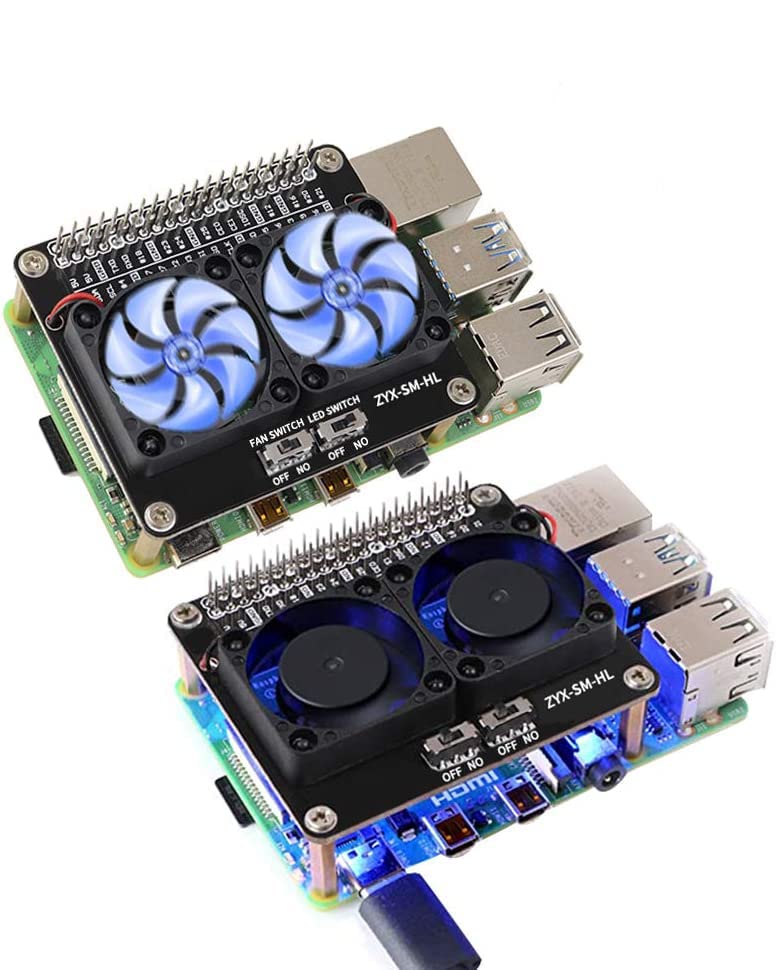Raspberry Pi 4B Dual Cooling Fans and Automatic Discoloration LED, Raspberry Pi GPIO Expansion Board for Raspberry Pi 4B / 3B+ / 3B / 3A+