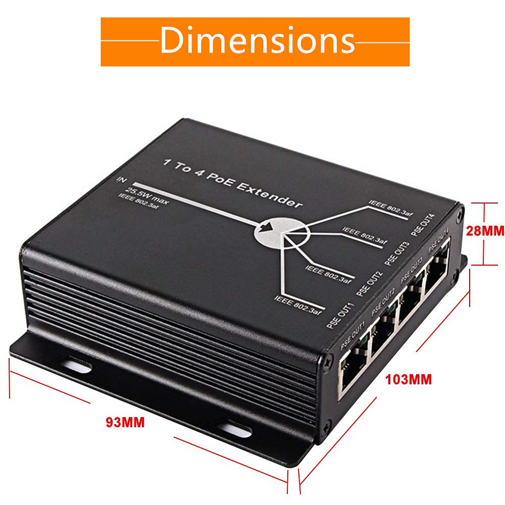 BeElion PoE Extender Ethernet Repeater 10/100Mbps, 1In/4Out 10/100BASE-TX IEEE802.3at (Power-in) to IEEE802.3af (Power-Out) PoE Extender for Ethernet/PoE Power, IP Camera,Other Network
