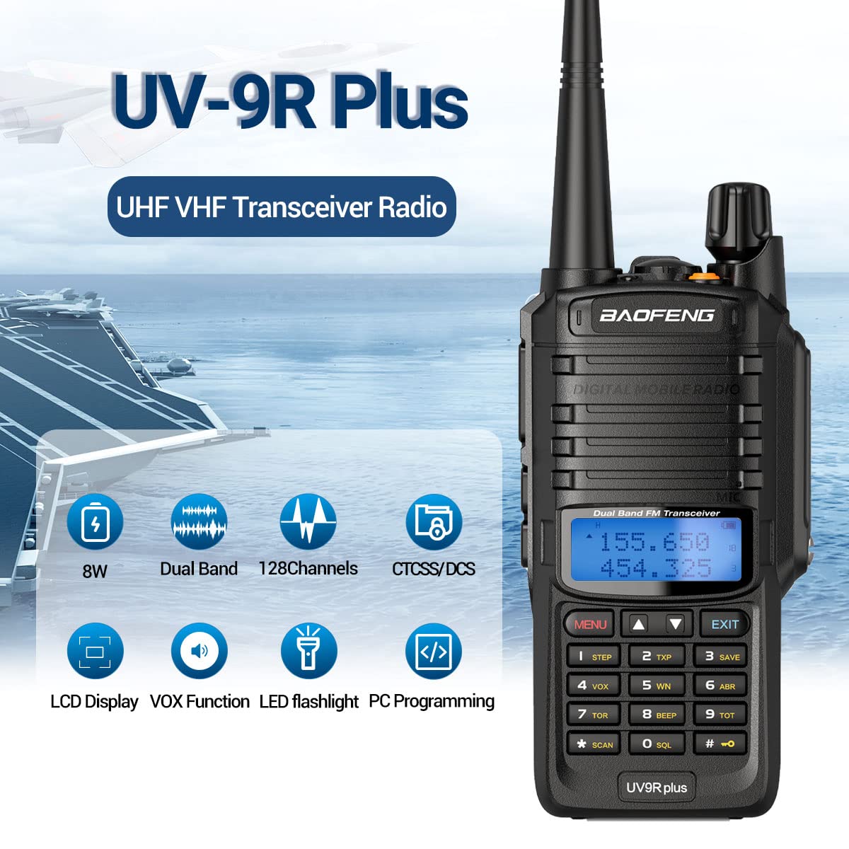 Airiton x Baofeng UV-9R Plus 8W Ham Radio Handheld Dustproof & Waterproof IP67 Dual Band Two Way Radio Walkie Talkie with 2Pack Battery,771 Antenna and Programming Cable