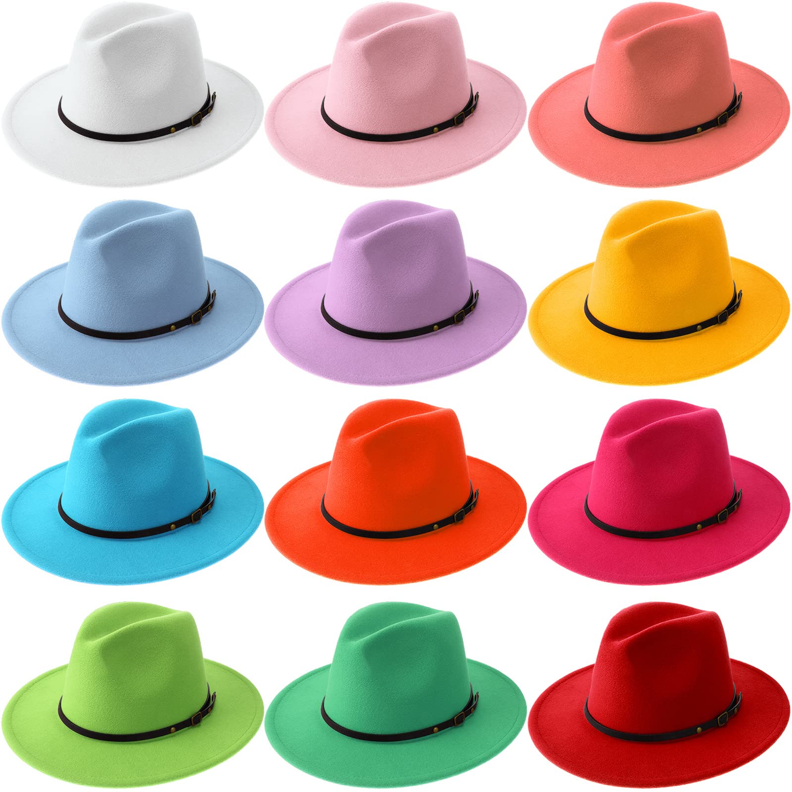 12 Pcs Classic Wide Brim Hat for Women Bulk Adjustable Felt Panama Hat with Belt Buckle Vintage Wool Wide Brim Hat(Bright Colors)