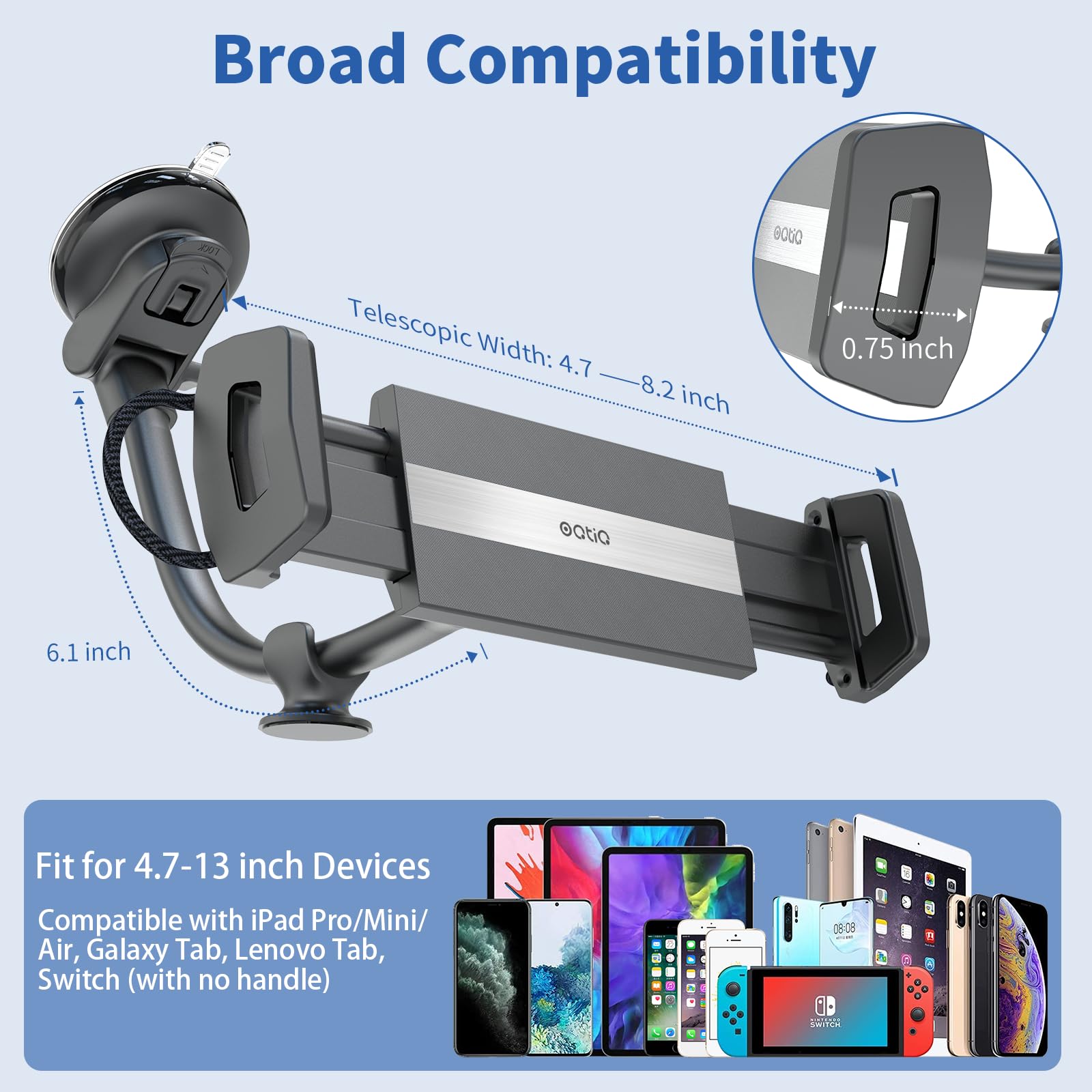 OQTIQ Tablet Holder for Car Dashboard Windshield Car Tablet Mount for Truck Strong Suction Cup Flexible Gooseneck Compatible with iPad Pro, Air, Mini, Galaxy, Fire, 4.7-13" Tablets, and 4-7" Phones