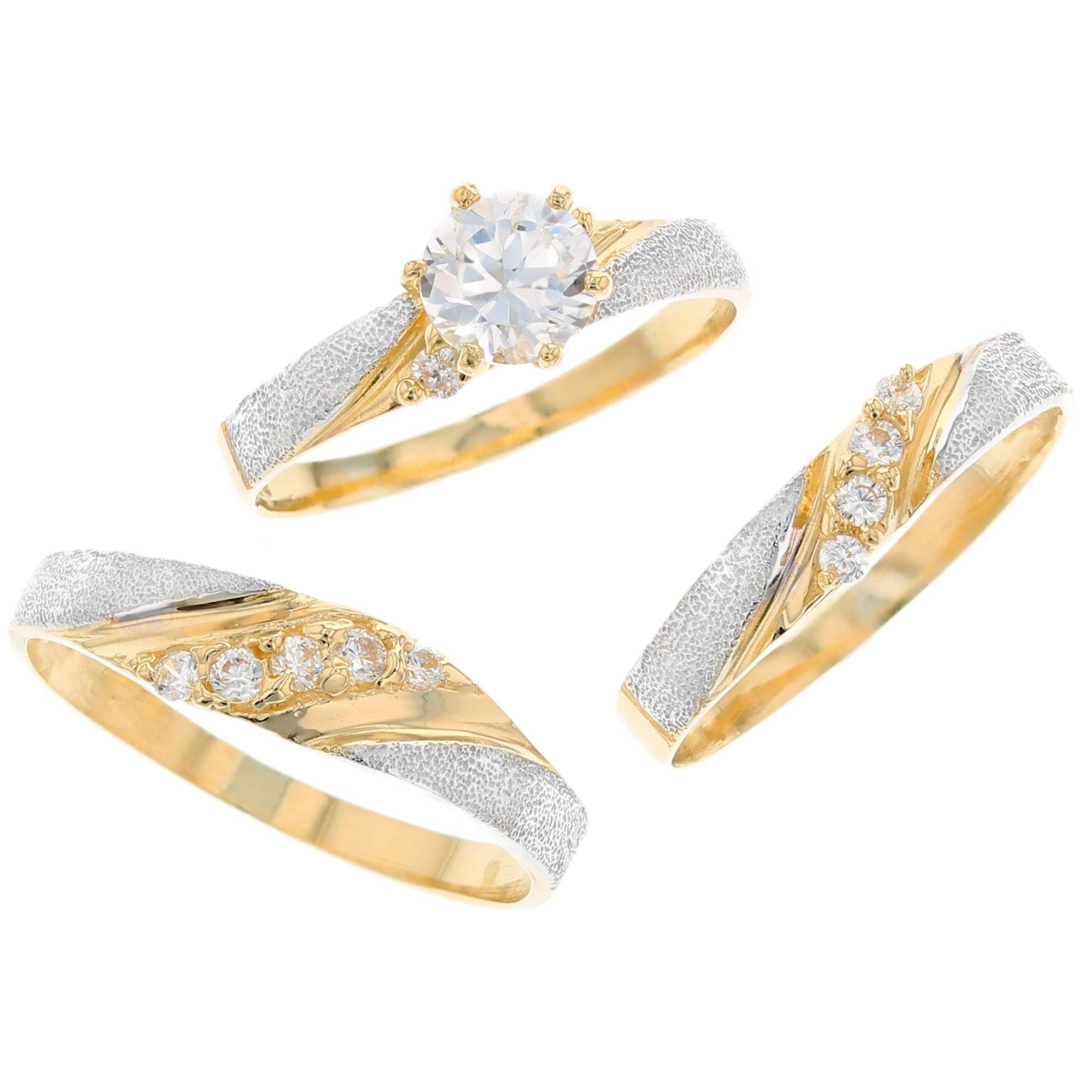 10k Two Tone Gold His & Hers Trio CZ Wedding Ring Sets