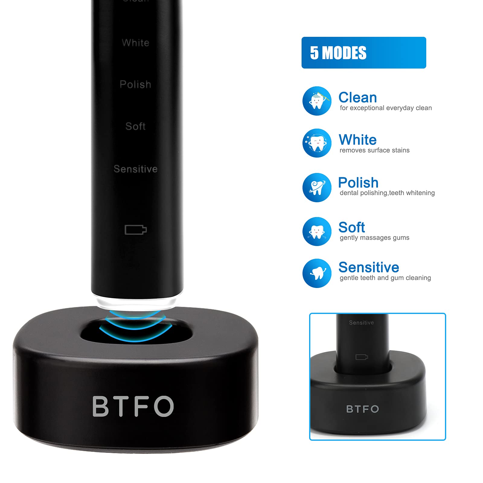 BTFO Electric Toothbrush with 5 Modes, 2pcs Replacement Brush Heads USB Rechargeable Smart Electronic Toothbrush with Holder for Adults IPX7 Waterproof Timing Fast Charging (Black, 1741-01)