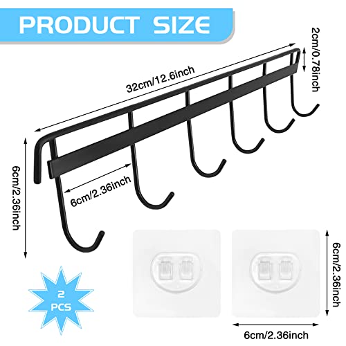 2 Pack Kitchen Adhesive Wall Hooks Rack Rail,Spoon Hanger for Kitchen Hanging Spatulas Measuring Spoons Space Saving No Drilling Hanger with 6 Hooks for Bathroom Bedroom Closet(Black)