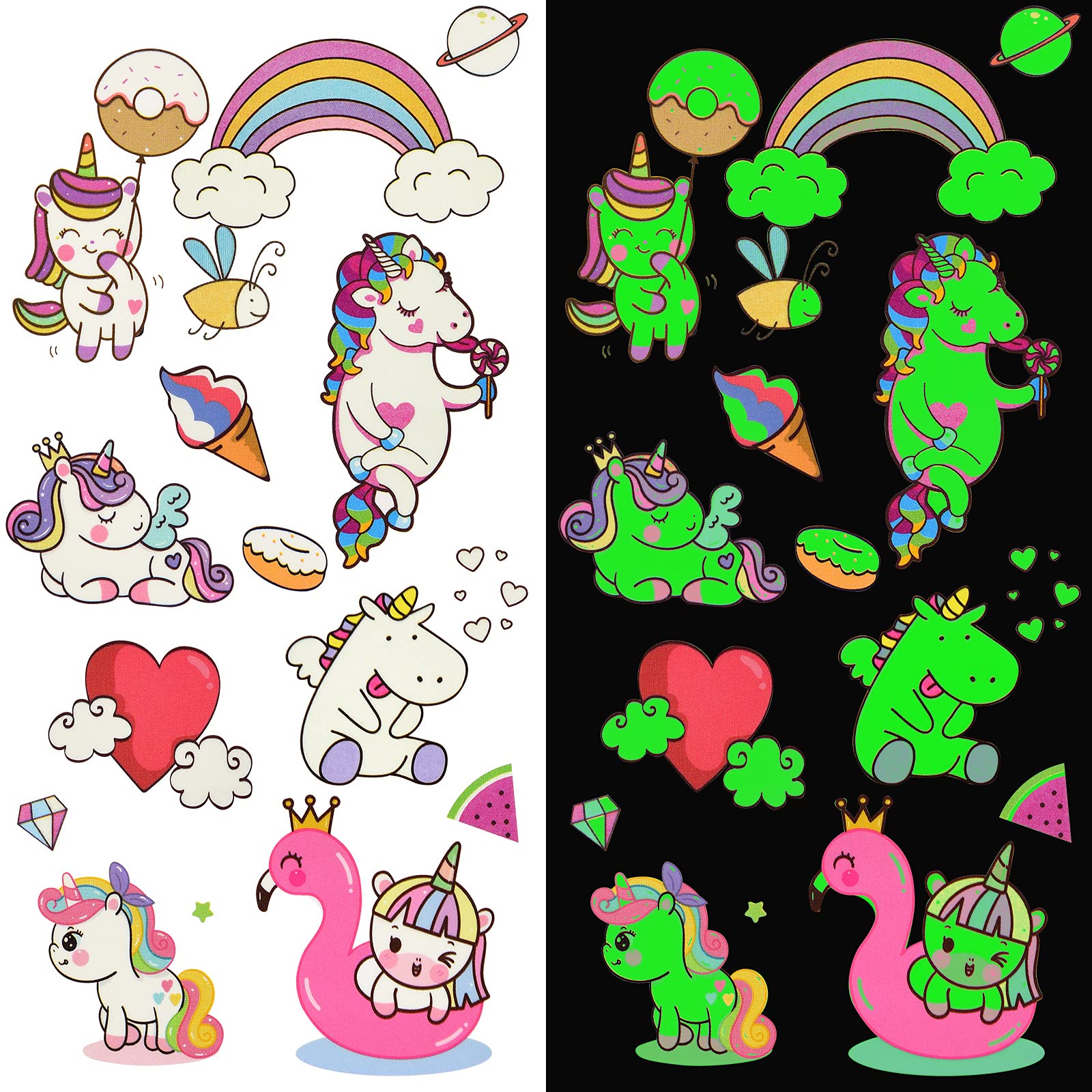 Maitys 20 Sheets 228 Pieces Luminous Unicorn Temporary Tattoos for Kids Glow in The Dark Tattoos Unicorn Games Toys for Girls Kids Birthday Party Supplies Decoration, 10 Styles