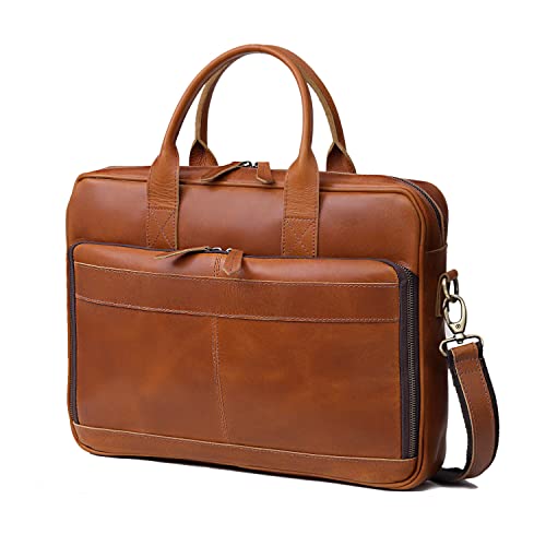17 Inch Vintage Handmade Leather Travel Messenger Office Crossbody Bag Laptop Briefcase Computer College Satchel Bag (Tan Brown)