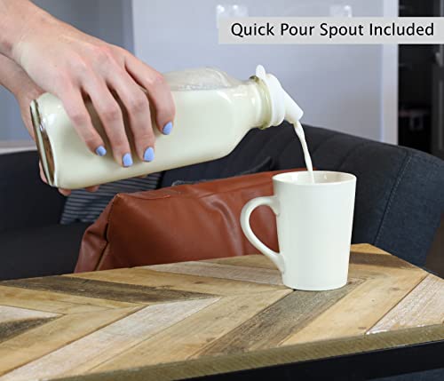 The Dairy Shoppe Heavy Glass Milk Bottle Jugs with Lids and Pour Spouts (2 pack, Liter/33.8 oz)