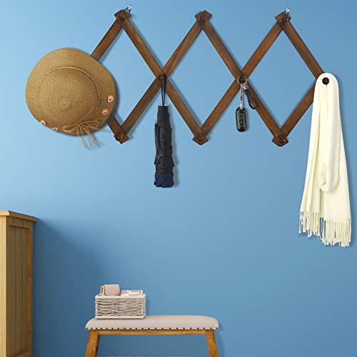 Dseap Accordian Wall Hanger: 16β High Wooden Wall Expandable Coat Rack, Hat Rack Holder, Accordion Hook for Baseball Caps, Coats, Mugs, 10 Peg Hooks, Brown