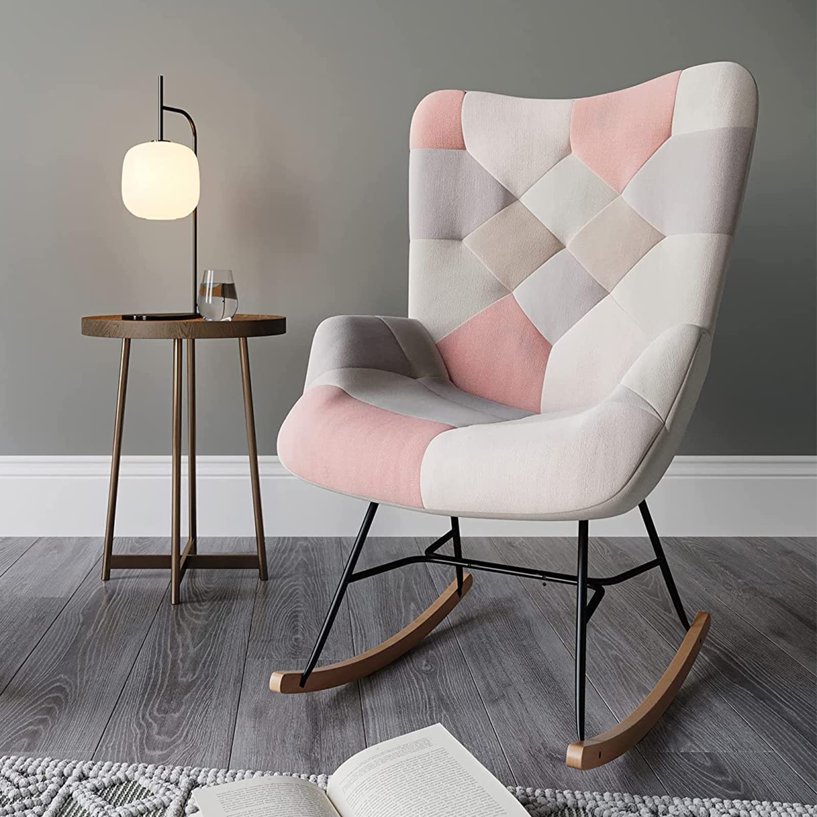 BELLEZE Colorful Patchwork Rocking Chair, Widen Nursery Rocking Chairs Comfy Linen Upholstered Glider Rocker with Solid Wood Legs for Living Room Bedroom Nursery - Paramount (Patchwork B)