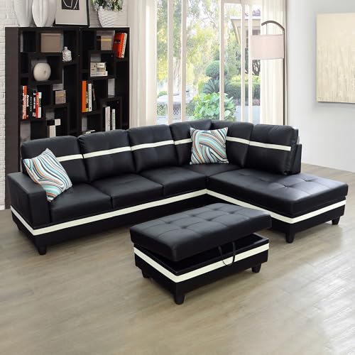 103" W Sectional Couches for Living Room, Sectional Sofa for Living Room Furniture Sets, L Shaped Couch Storage Ottoman, Faux Leather Modular Sectional Sofa Set for Living Room Set, Black White