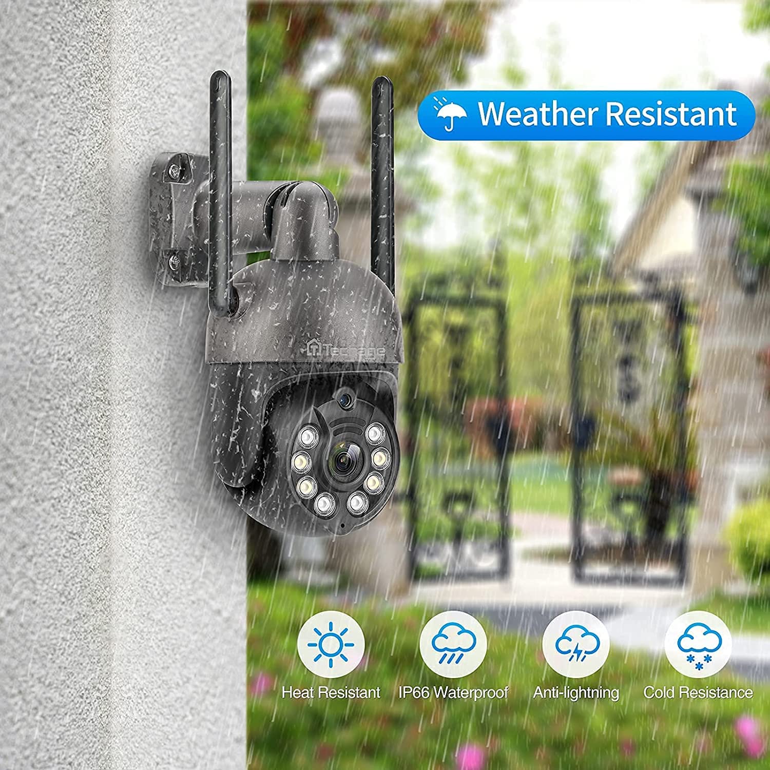 Techage PT815G, Plug-in, Pan Tilt Security Camera Outdoor, Auto Tracking, 3MP, 360° View, WiFi, 2 Way Audio, Color Night Vision with Floodlights, IP66 Waterproof, SD Card/Cloud Storage, Grey