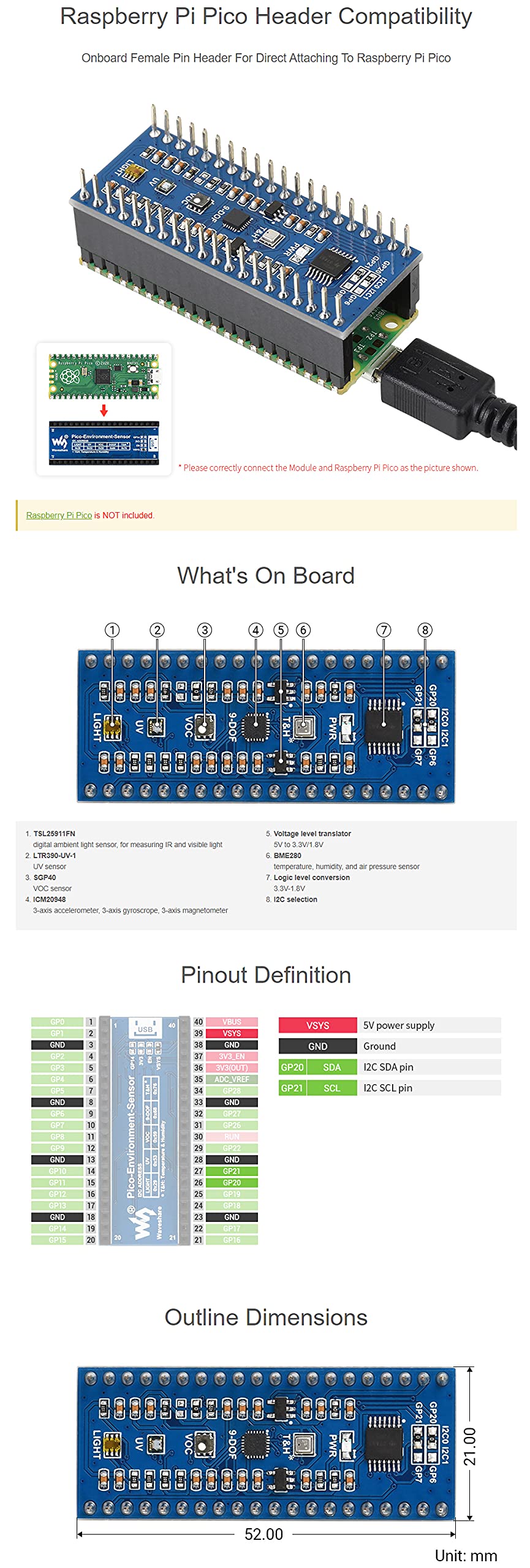 Coolwell Environment Sensors Module for Raspberry Pi Pico Series, I2C Bus, Onboard TSL25911FN Light Sensor,BME280 Sensor,ICM20948 Motion Sensor,etc