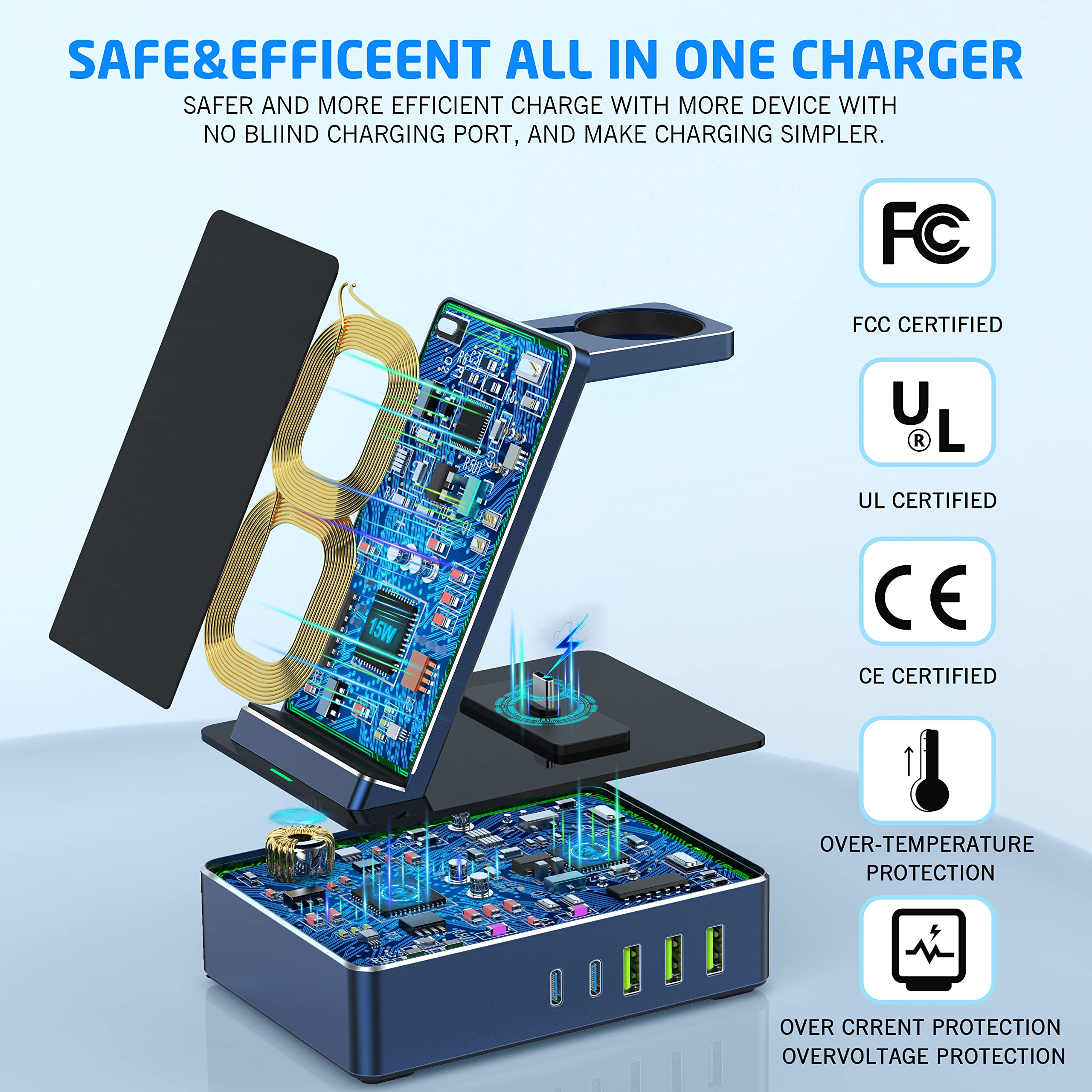 100W Aluminum Alloy Charging Station, 8 in 1Wireless Charging Station for Multiple Devices USB C Charging Station Compatible with iPhone Series, iWatch, (Blue)