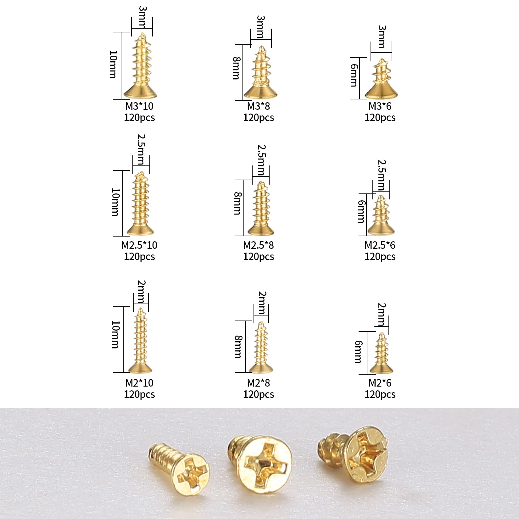 1080 Pcs Small Screws M2/M2.5/M3, Phillips Flat Head Cross Screws, Tiny Gold Self Tapping Screws, Micro Multifunctional Cabinet Electronic Accessories Screws for Woodworking (Carbon Steel Gold)