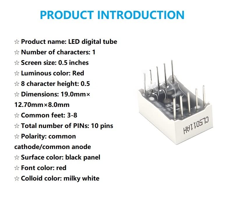 Bettomshin 10Pcs LED Digital Tube Common Cathode 10 Pin 1 Bit 0.75 x 0.5 x 0.31 inch (LxWxH) 0.5" Red Display Digital 5011AH