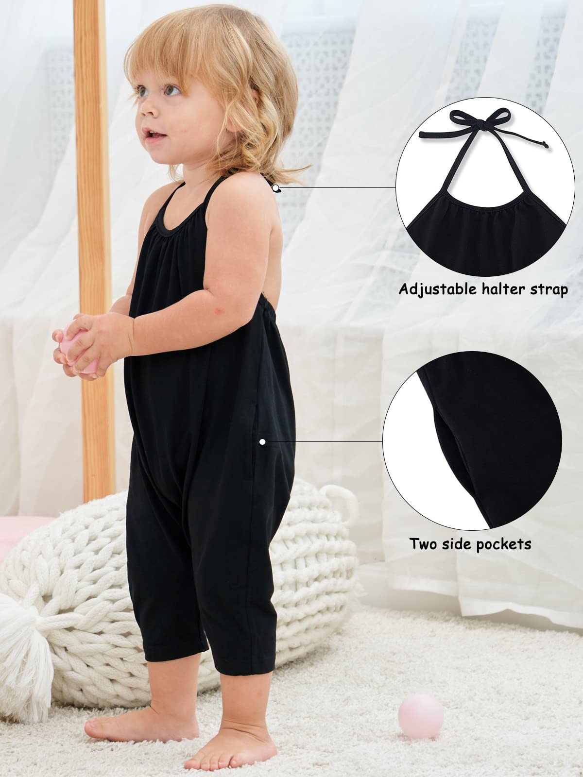 Lindanina Slouch Jumpsuit for Toddlers Harem Strap Romper Little Girls Backless Halter Playsuit with Pockets Cute Solid One Piece(Black, 2-3T)