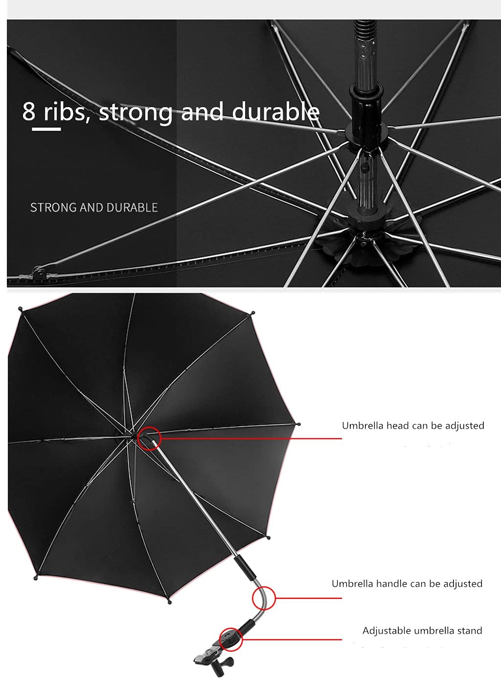 Upwsma Portable folding sun umbrella, beach umbrella with universal clamp, SPF 50+ adjustable umbrella for strollers, beach chairs, wheelchairs (Large- Blue)