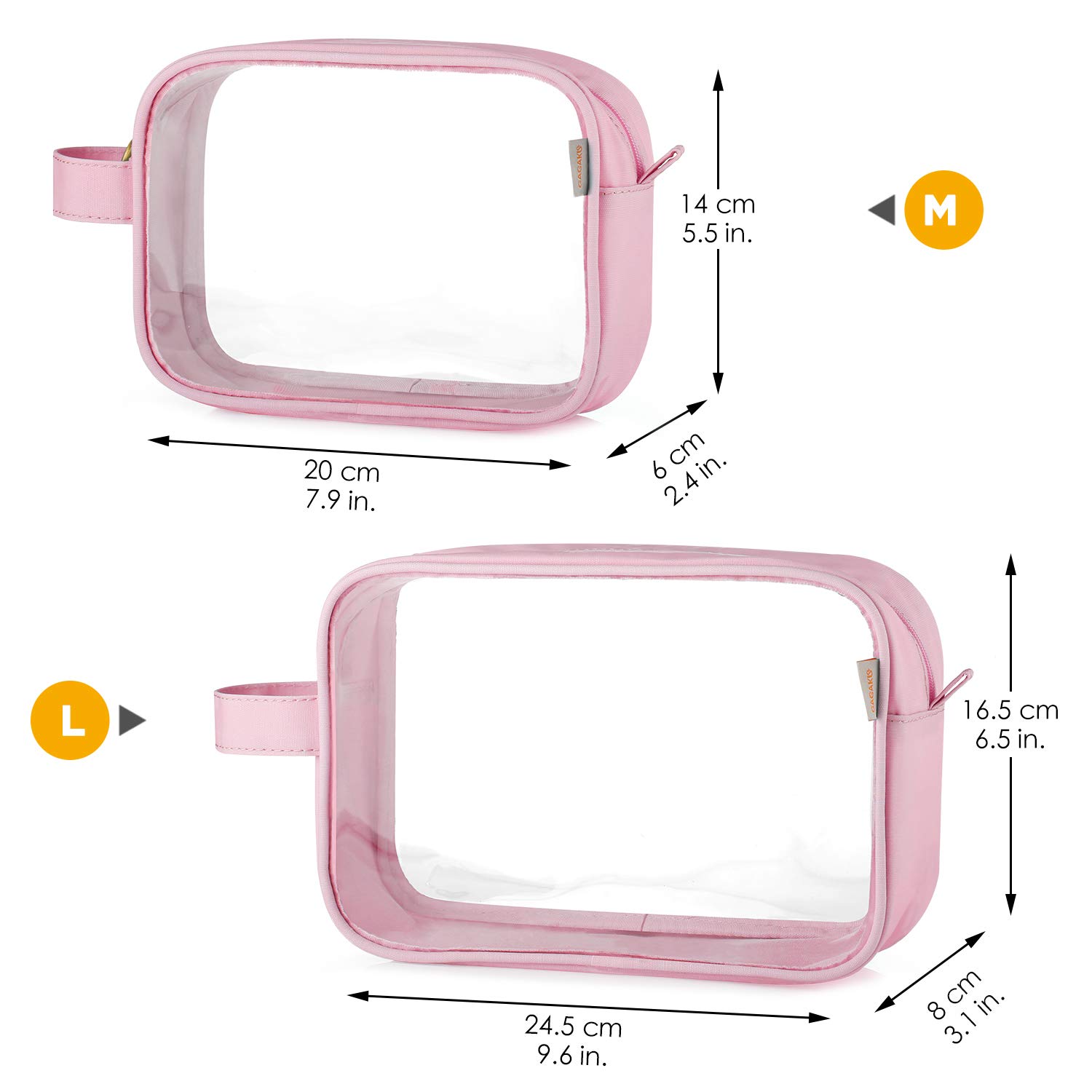 GAGAKU 2pcs Clear Toiletry Bag TSA Approved Travel Toiletry Bags Liquid Bag with Handle Strap, Waterproof Transparent Makeup Cosmetic Bags for Women - Light Pink