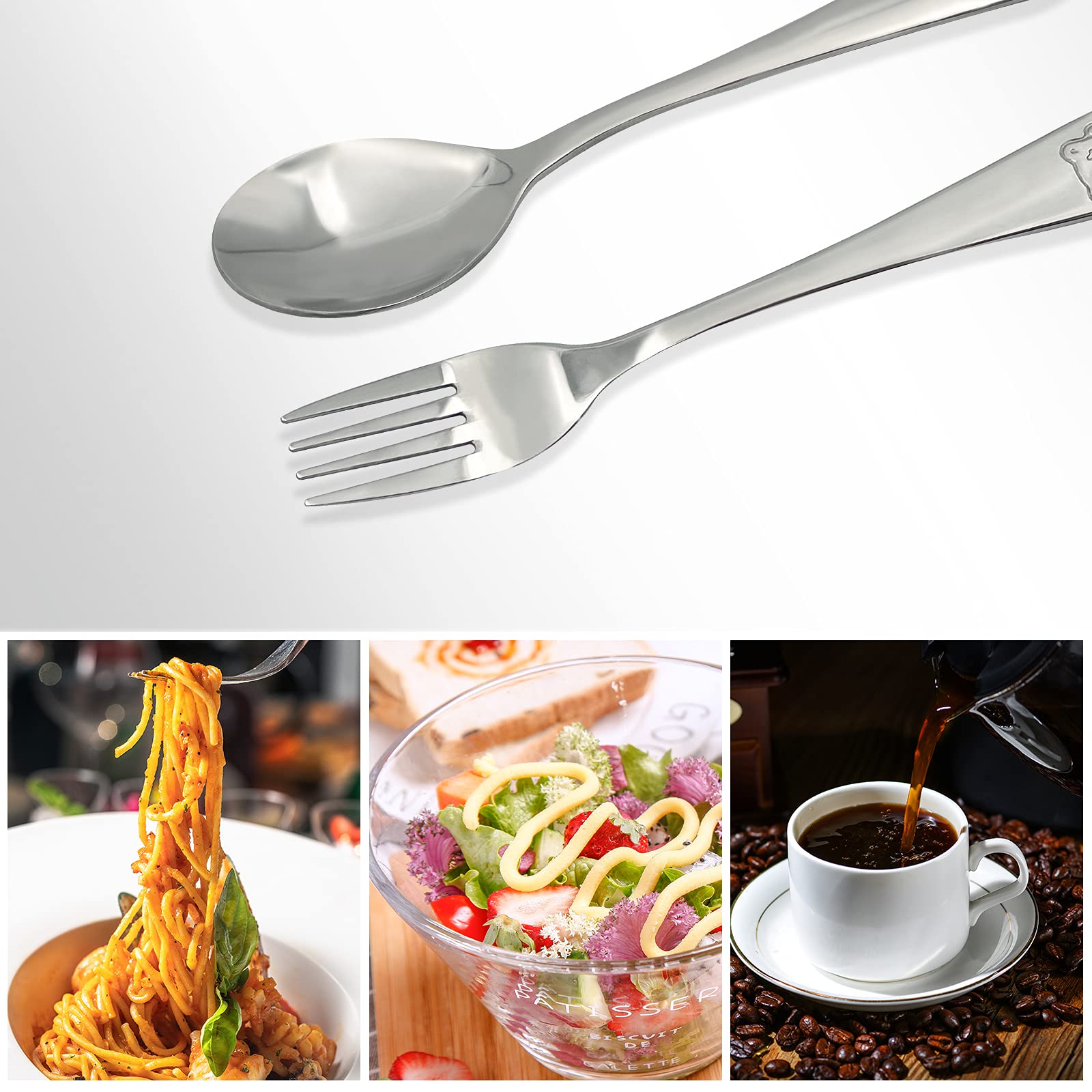 6 Pieces Stainless Steel Kids Flatware, Mirror Polished Child Toddler Silverware Little Bear Spoon and Fork Set, 3 x Safe Forks,3 x Children Tablespoons for Lunch Box