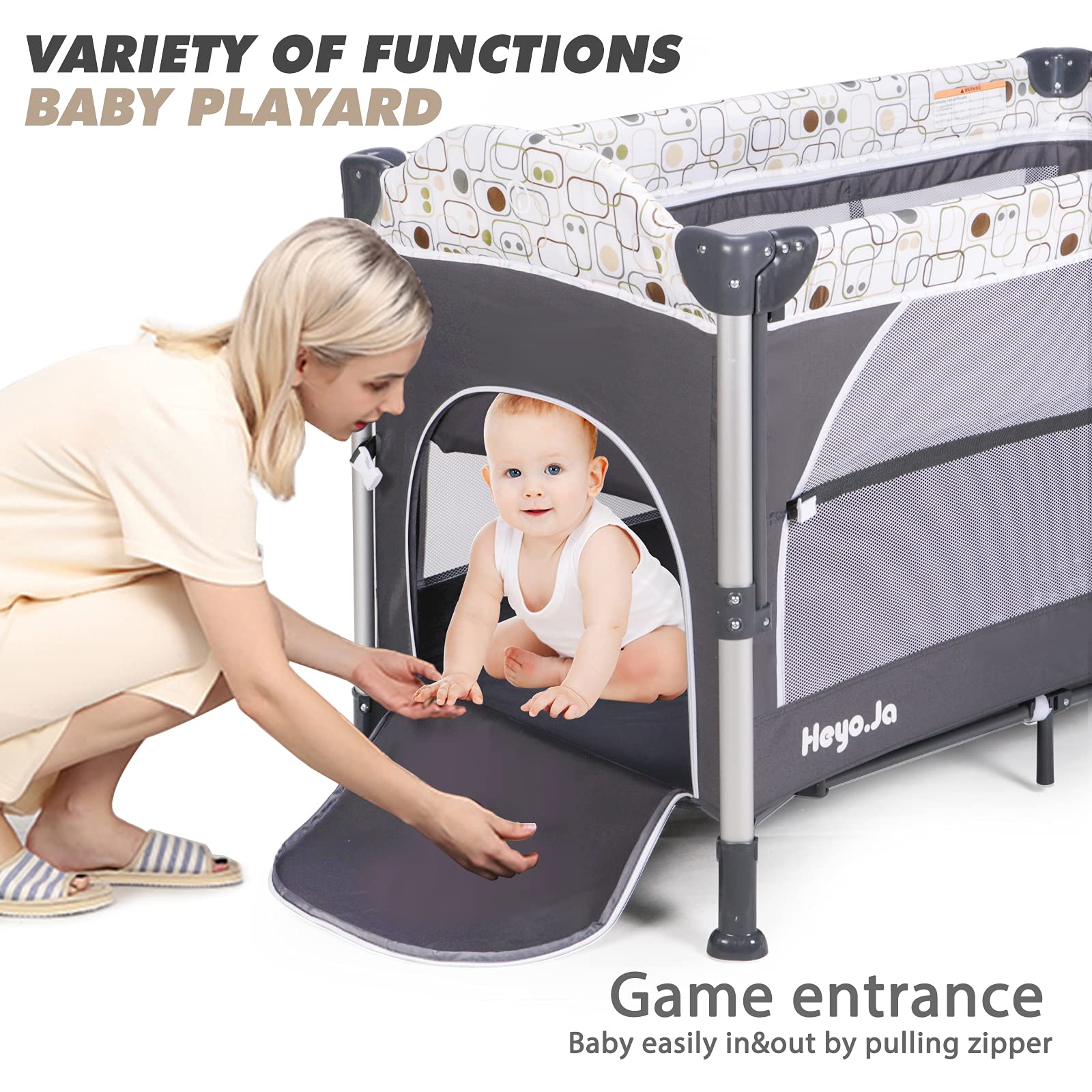 Heyo.Ja Double Layer Baby Portable Playard, 5 Height Adjustable Crib,Changing Table, Foldable Bassinet Bed with Luxury Mosquito Net,Toys Bag,Wheels & Brake, Game Entrance for Boys Girls(Grey)