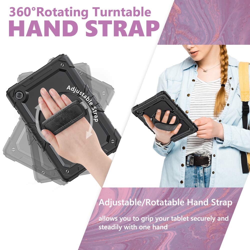 Case for Lenovo Tab M11 TB-331FC with Screen Protector Pen Holder | Herize Lenovo Tab M11 Case with 360 Rotating Kickstand Hand Grip Shoulder Strap | Black