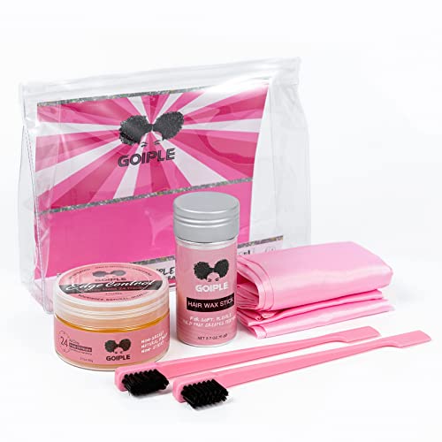 Edge Control Wax Stick for Wigs - Strong Hold, Non-greasy for Flyaway Hair and Edges (2.7oz+2.7oz) with Edge Brush and Scarf (Pink Styling Set)