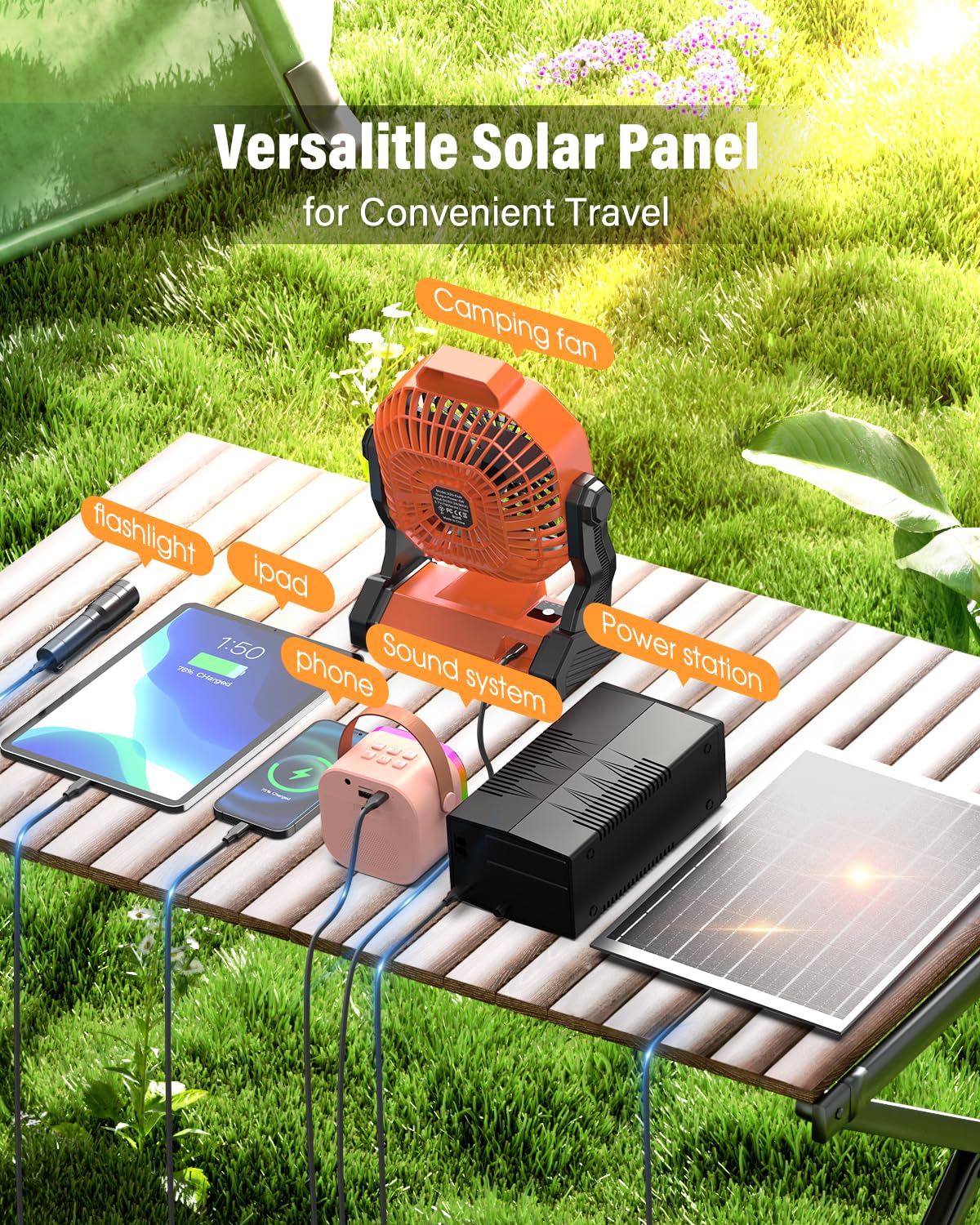 10400mAh Solar Fan, Camping Fan with Solar Panel, 7W 9-Inch Rechargeable Battery Operated Fan for Outside, LED Lantern, Stepless Speed and Quiet Battery Powered Solar Tent Fan for Tent,Outdoor, Office