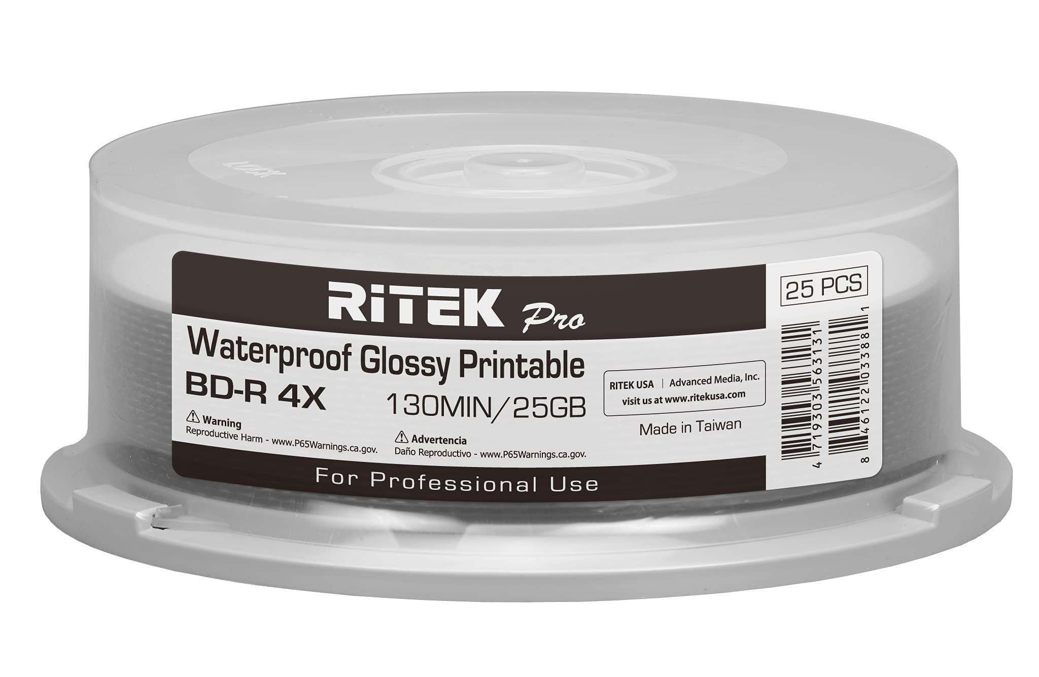 50 Pack Ritek Pro (Professional Grade) BD-R Blu-ray 4X 25GB Watershield Water Resistant Glossy White Inkjet Hub Printable Blank Recordable Disc