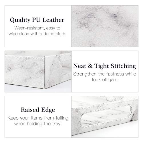 Lewondr Serving Tray with Wide Handles, PU Leather Ottoman Cofee Table Serving Tray, 14.96"x9.45"x1.97" Decorative Tray for Perfume Cosmetic Jewelry Key, Countertop Storage Organizer - Marble White