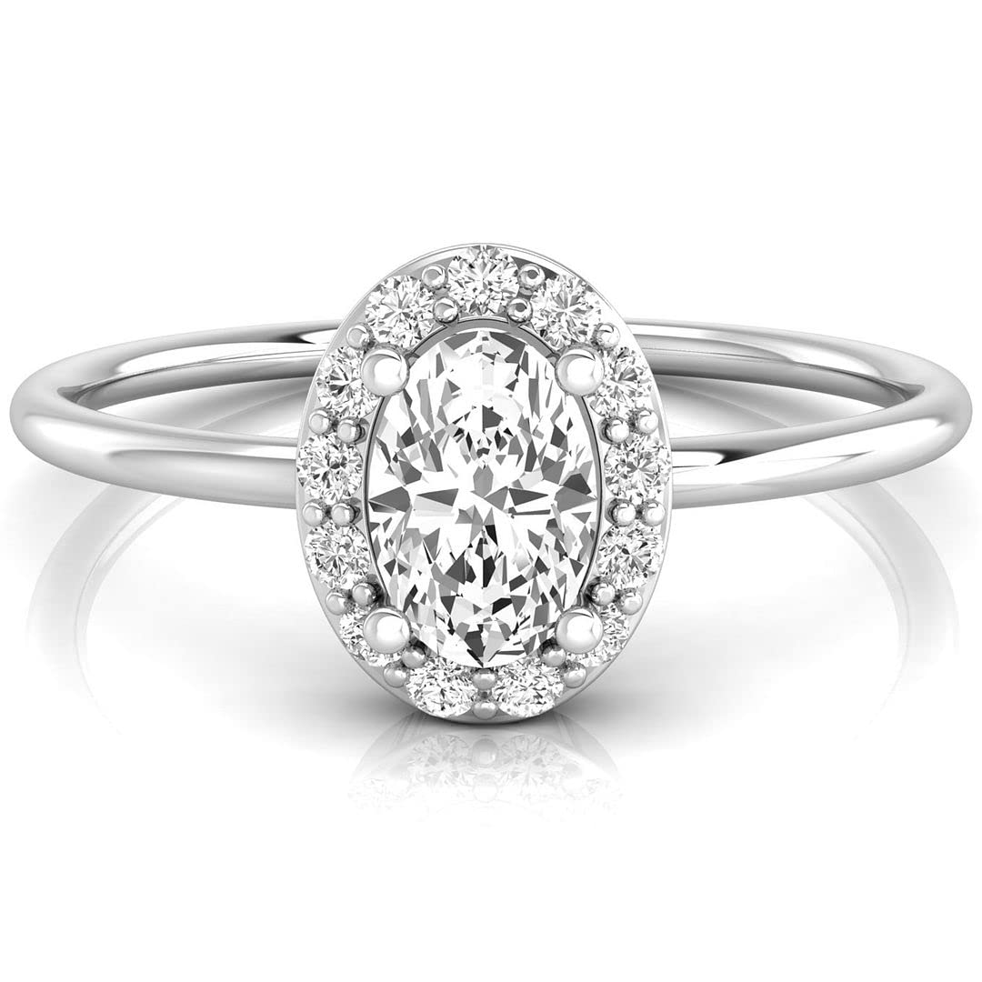 10K White Gold Oval Moissanite and Round Natural Diamond Solitaire Halo Delicate Engagement Ring Size 5US (5/8 CTW, I-J, SI)