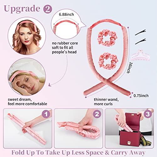 Heatless-Hair-Curler, Upgraded Segmented Design No Heat Silk Curls Headband for More Comfortable Sleep Overnight, Silk Curling Ribbon for Hair with Rubber Bands and Clips (Pink)